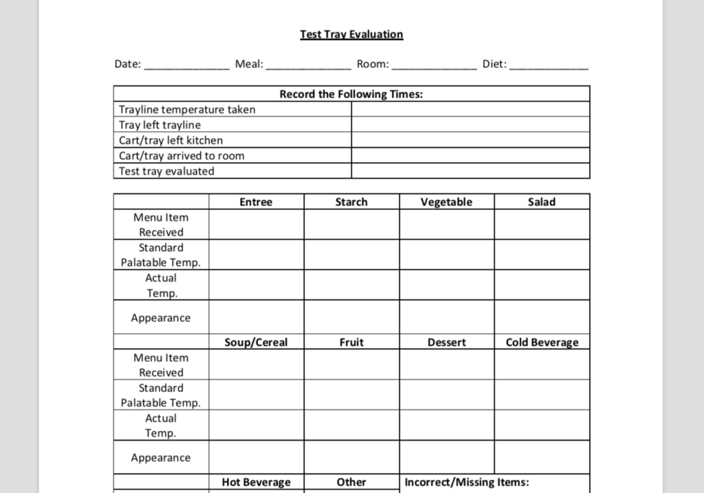 Test Tray Evaluation Form - Well Resourced Dietitian