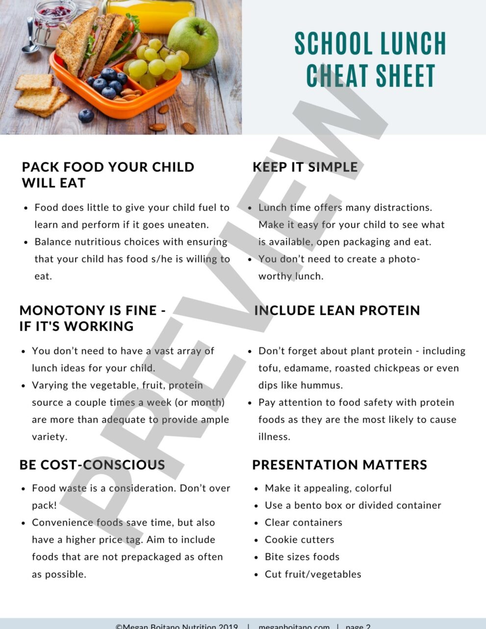 FREE School Lunch Cheat Sheet - Well Resourced Dietitian