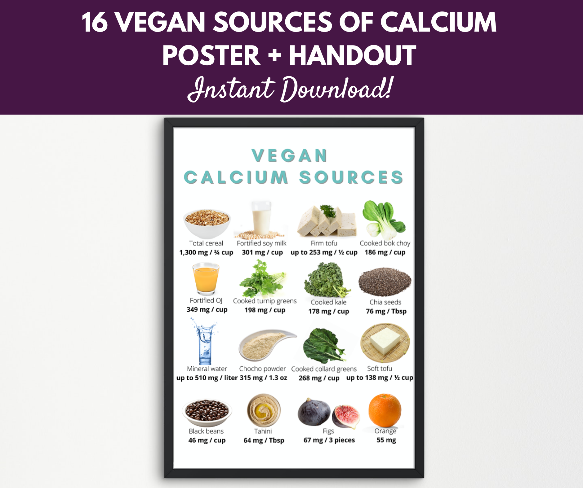 Vegan Calcium Chart Download | Plant Based Food Art Foodie Gifts ...