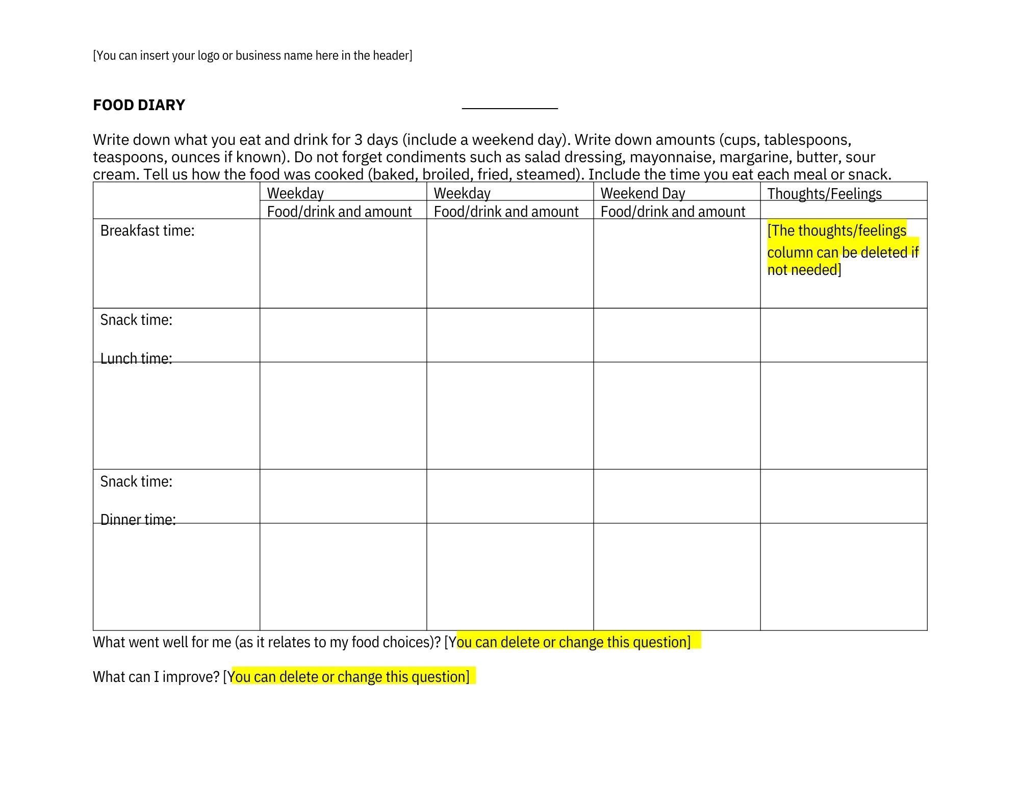 Food Log (Three-Day Food Diary) - Well Resourced Dietitian