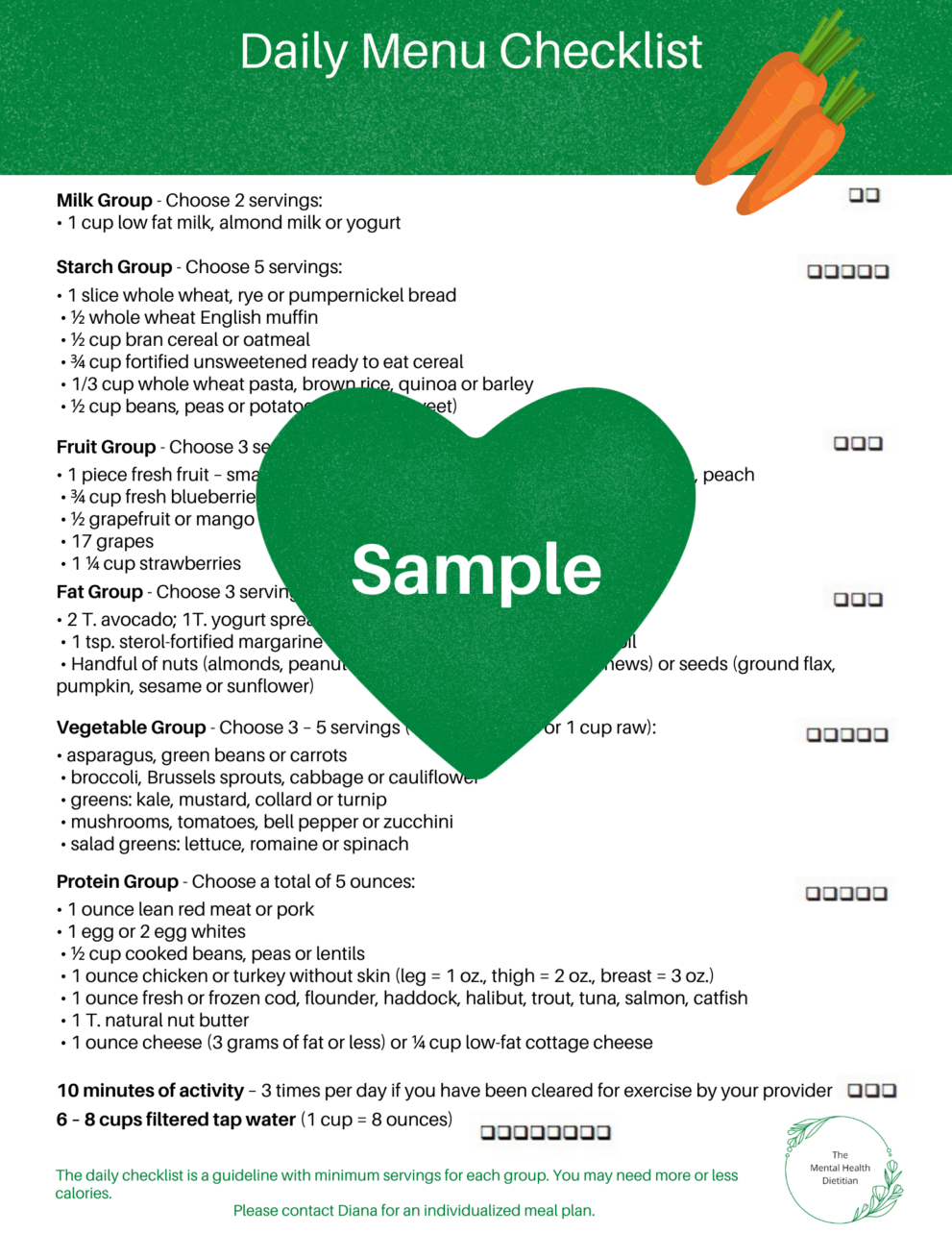 Daily Menu Plan Checklist - Well Resourced Dietitian