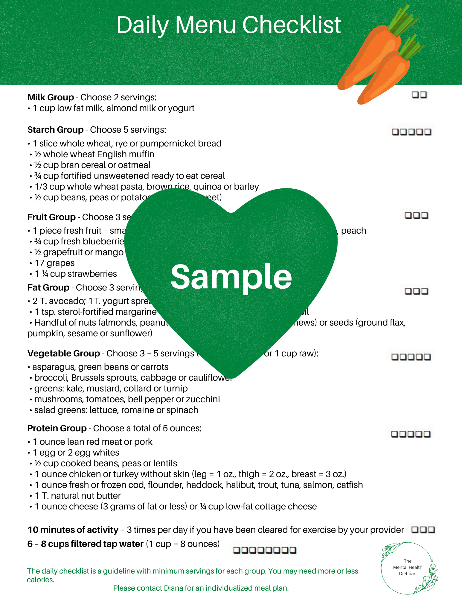 Daily Menu Plan Checklist - Well Resourced Dietitian