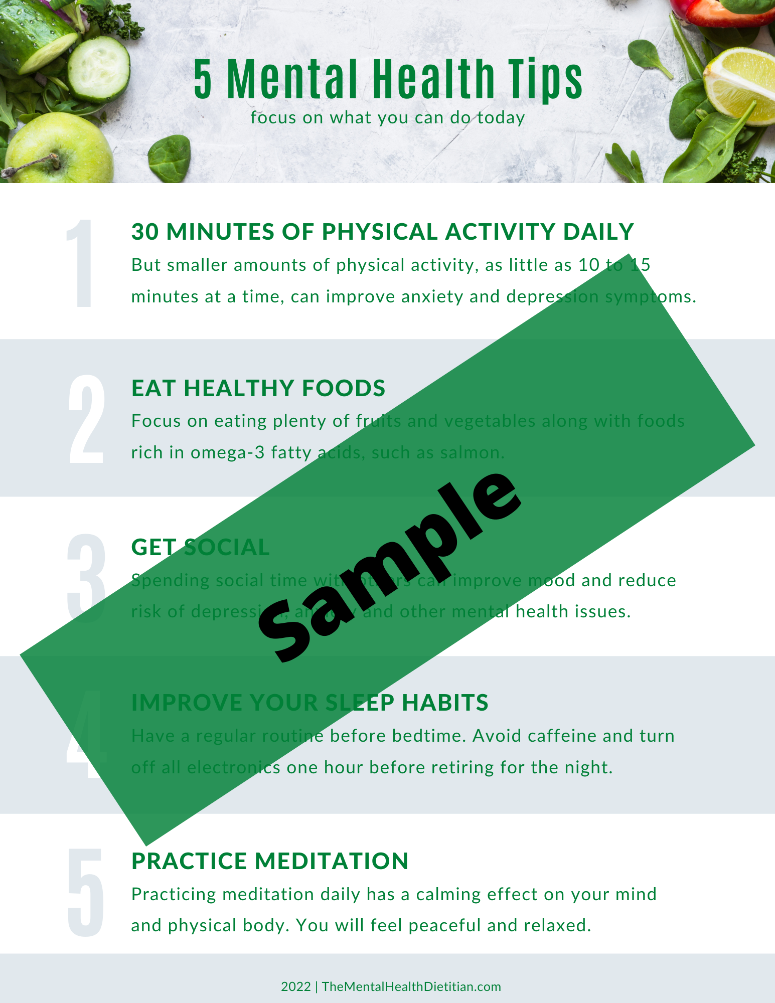 5 Mental Health Tips Handout - Well Resourced Dietitian