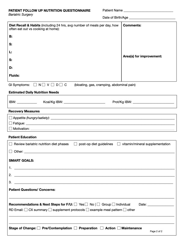 Bariatric Nutrition Assessment Forms - Initial and Follow-Up Templates ...